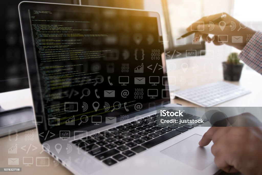 Man Work Coding Software Developer Programmer Is Coding On A Desktop