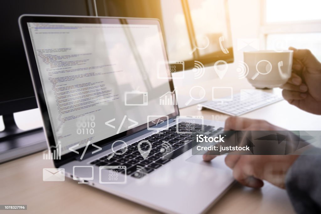 Man Work Coding Software Developer Programmer Is Coding On A Desktop ... Man Work Coding Software Developer Programmer Is Coding On A Desktop ...