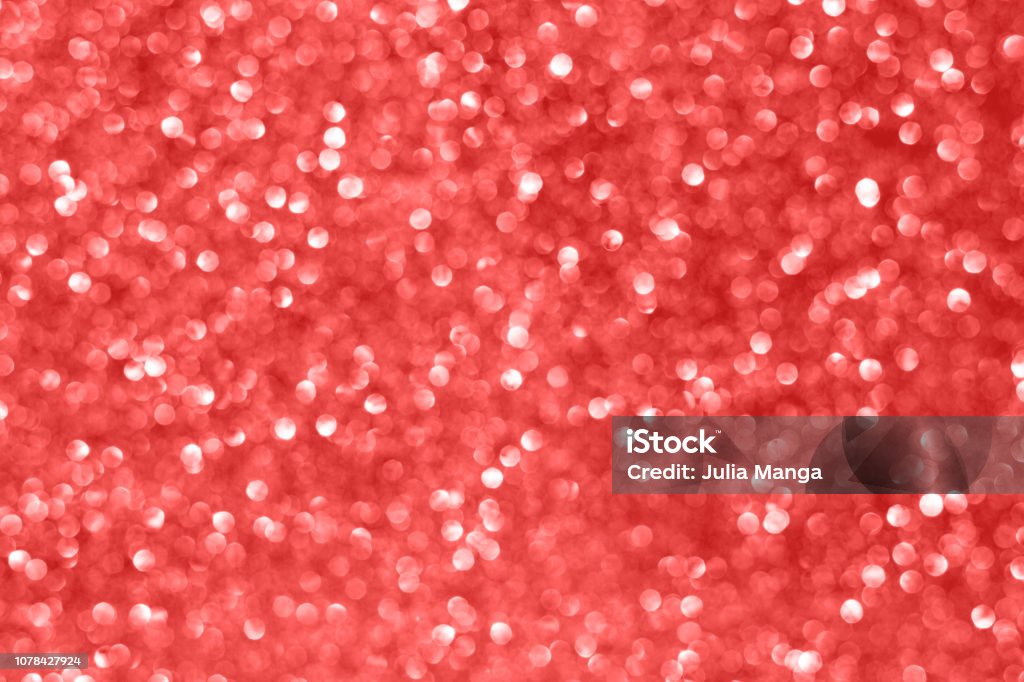 Living Coral Color Glitter Bokeh Festive Sparkles Background Stock