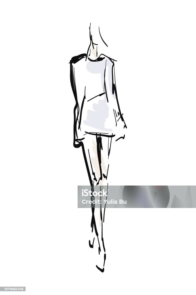 Handdrawn Fashion Illustration Young Woman Girl Model Stock