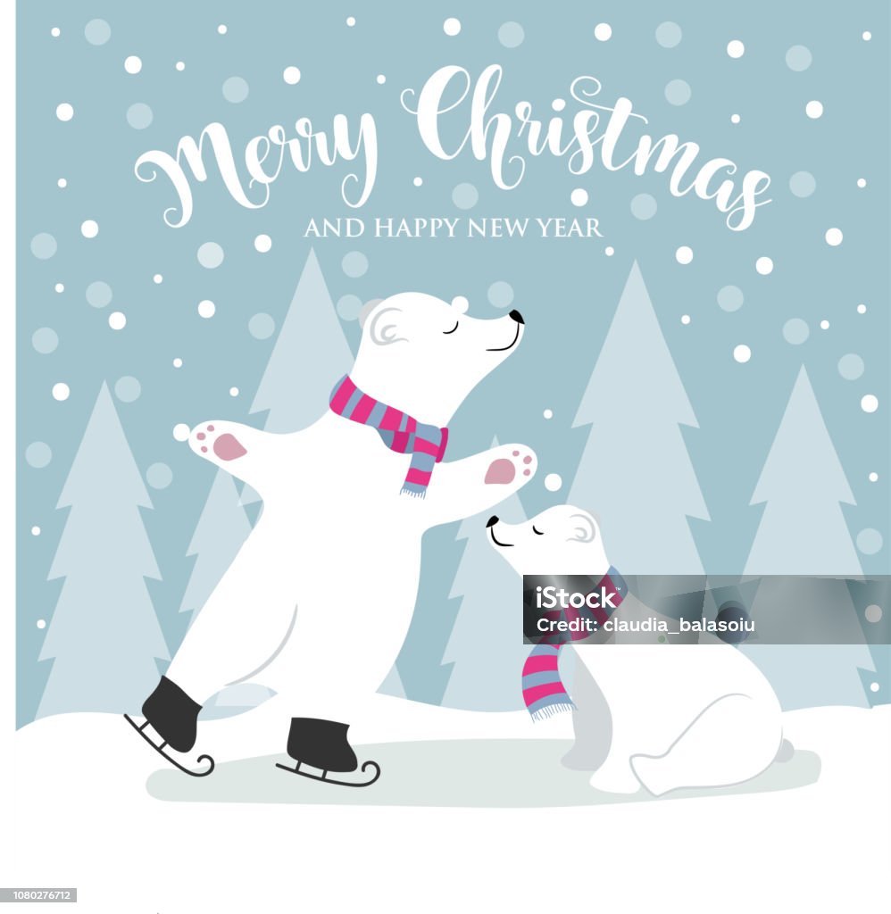 Cute Flat Design Christmas Card With Polar Bears And Wishes Stock