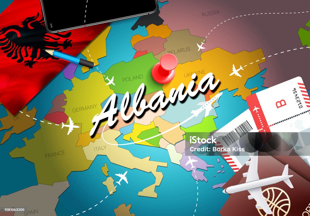 Albanien Resor Koncept Karta Bakgrund Med Flygplan Biljetter Besöka Albanien Resor Och Turism