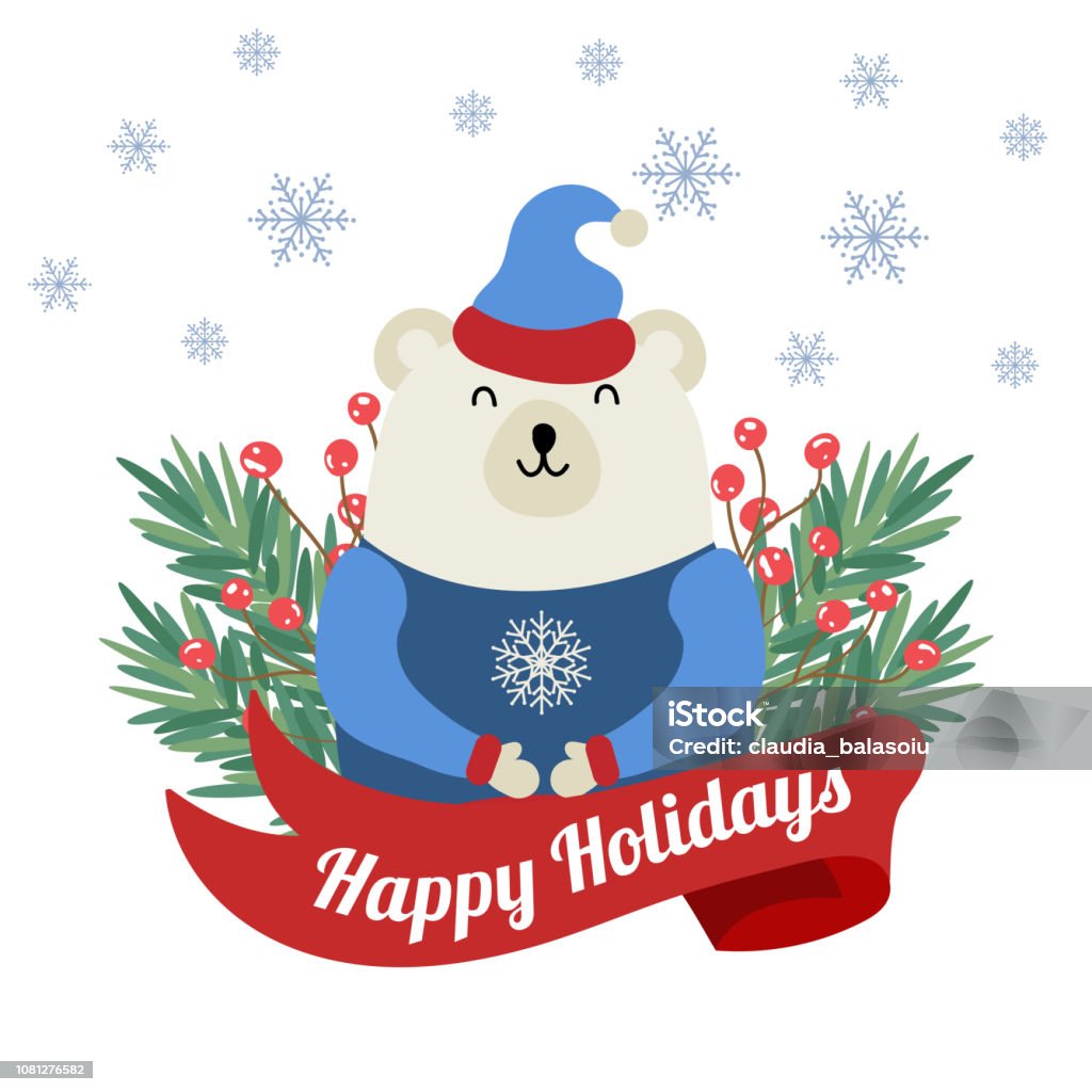Christmas Card With Tree Branches And Polar Bear Stock Illustration