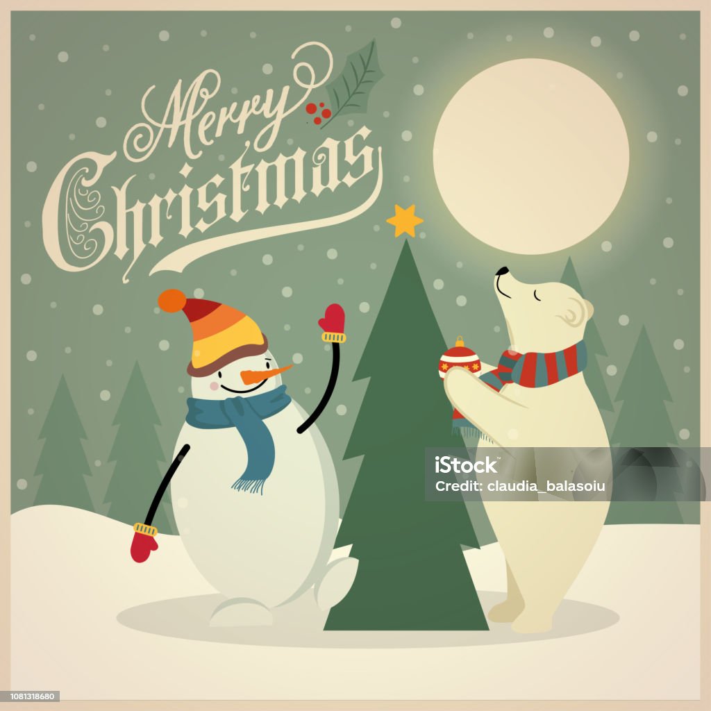 Beautiful Retro Christmas Card With Polar Bear Snowman And Christmas