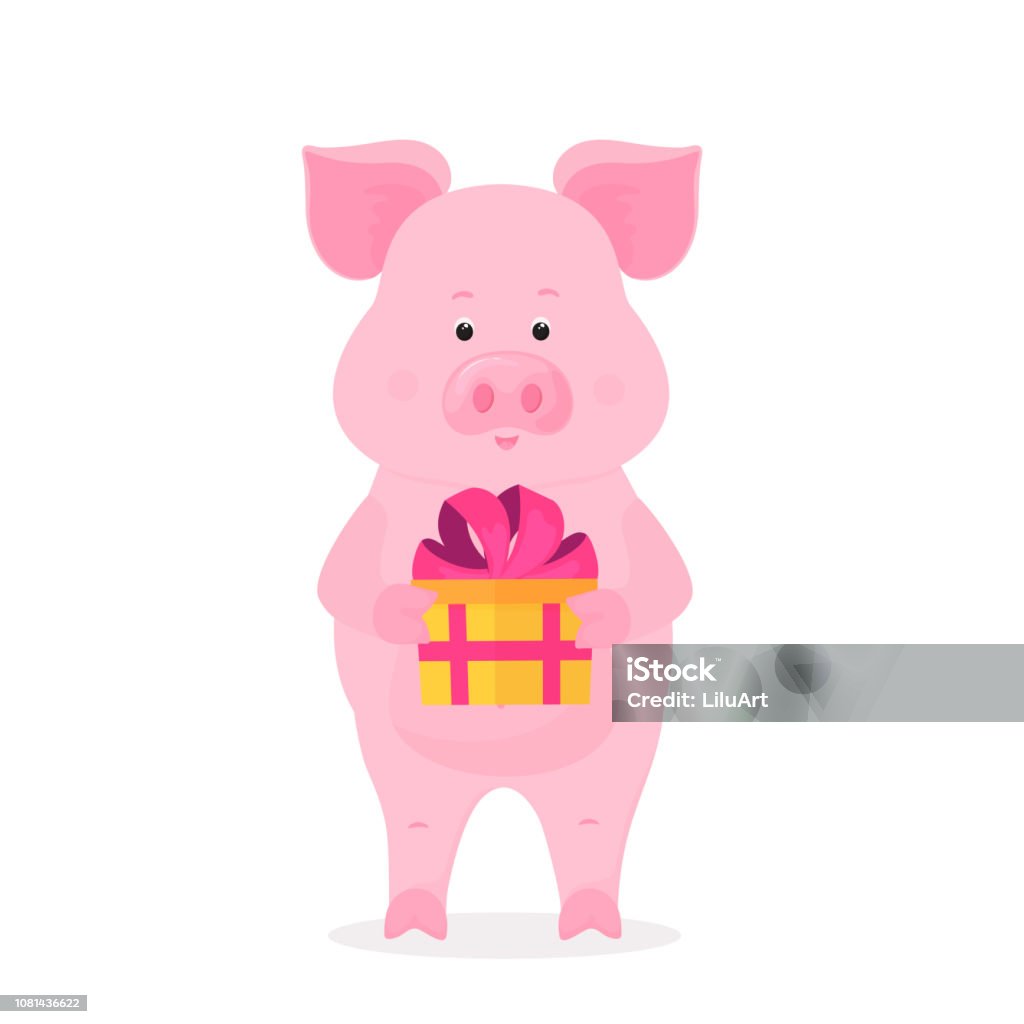 Babi Lucu Memegang Kotak Dengan Hadiah Diikat Dengan Pita Dengan Busur ... Babi Lucu Memegang Kotak Dengan Hadiah Diikat Dengan Pita Dengan Busur ...