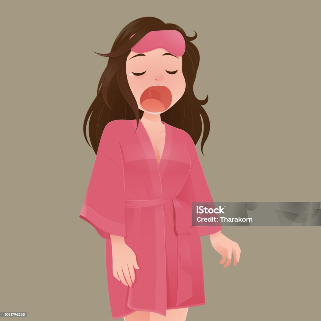 Ilustrasi Wanita Dengan Jubah Merah Muda Menguap Dengan Latar Belakang