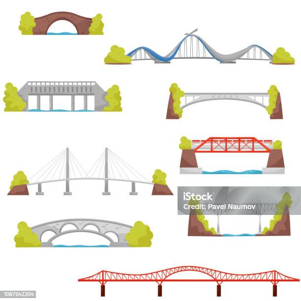 Seperangkat Batu Vektor Datar Jembatan Bata Dan Logam Elemen Konstruksi