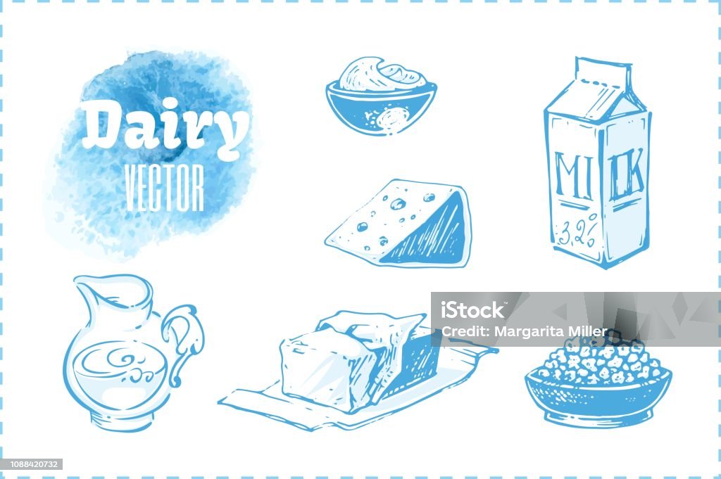 Dairy Products Vector Sketches Of Milk Cheese Sour Cream Yogurt Curd