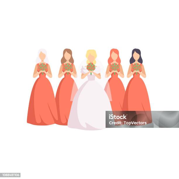 Belle Mariée Avec Les Demoiselles Dhonneur En Robes Identiques Vector