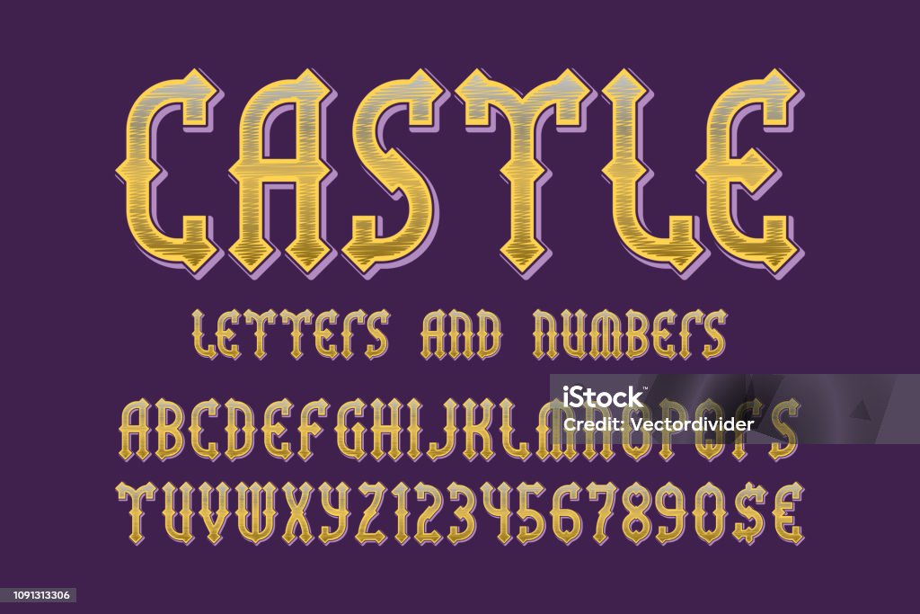 Kastil Huruf Emas Dan Angka Dengan Tanda Mata Uang Font Bergaya Game