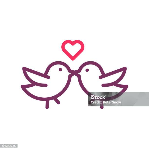 Burung Kecil Yang Lucu Berciuman Dalam Cinta Ikon Garis Tipis Vektor