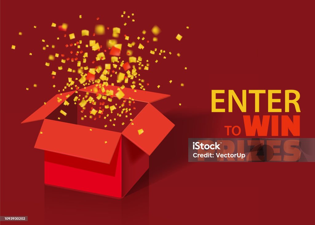 Open Red T Box And Confetti With Colorful Particles Enter To Win Prizes Lottery Drawing
