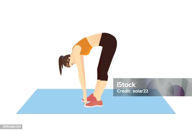 Woman Doing Toe Touch Stretches Exercise In Standing Posture On Mat