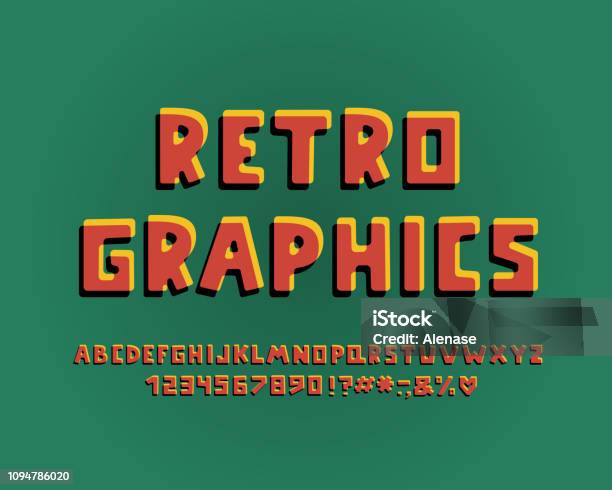 Desain Retro Alfabet Huruf Vektor Angka Dan Tanda Baca Ilustrasi Stok