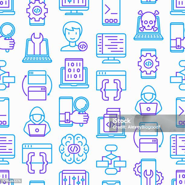 Programming Seamless Pattern With Thin Line Icons Developer Code Algorithm Technical Support