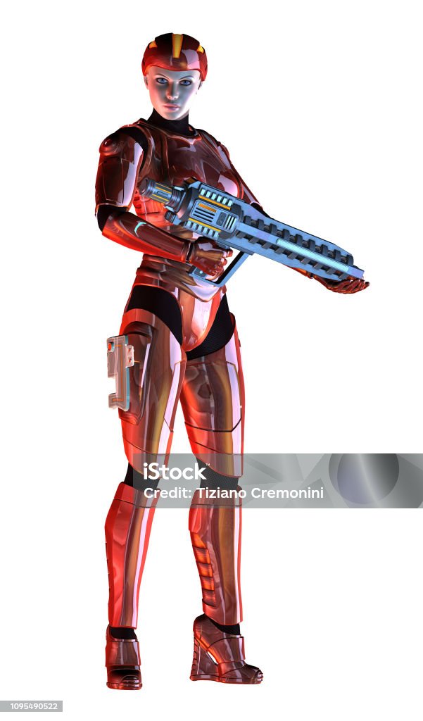 Mujer De Guerrero Futurista Armada Con Fusil Traje Metálico Rojo Ilustración 3d Foto De Stock Y