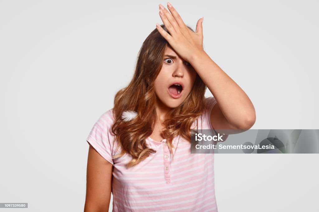 Frustrated Shocked Woman Keeps Palm On Forehead Forgets About Work