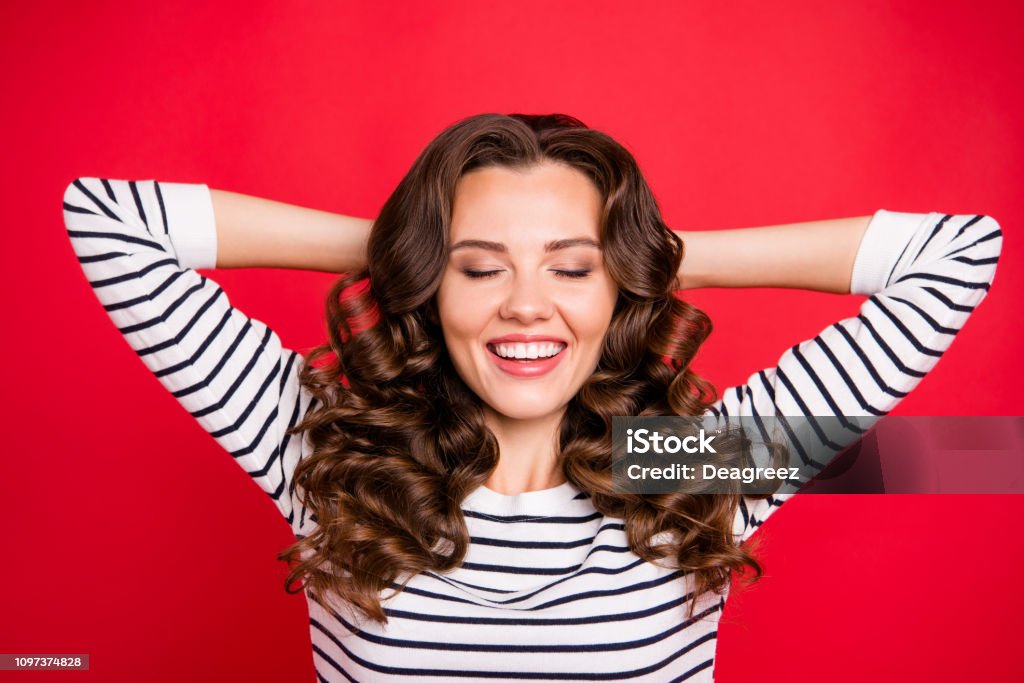Close Up Photo Of Cute Attractive Beautiful She Her Woman Holding Hands Behind Head Eyes Closed