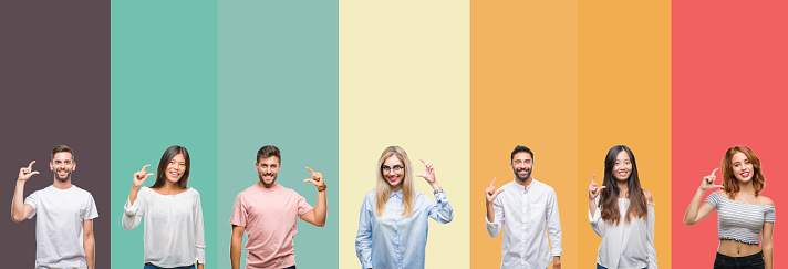 Collage Of Different Ethnics Young People Over Colorful Stripes