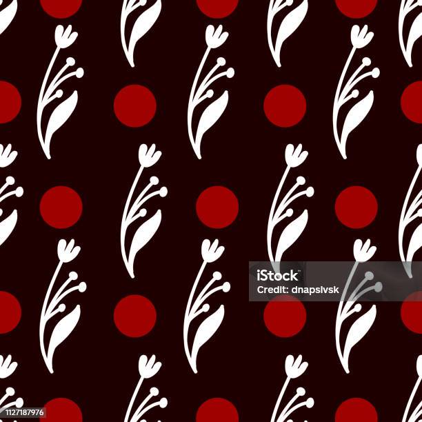 Bunga Putih Dan Titiktitik Merah Pada Warna Merah Gelap Ilustrasi Stok