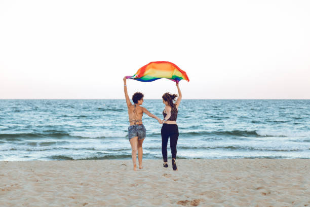 Free Stock Photo of LGBT Pride flag on display with couple at the beach ...