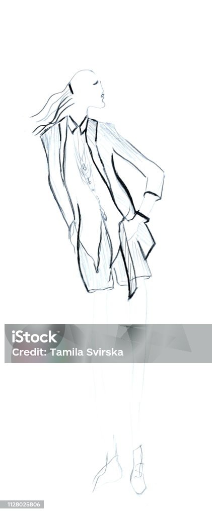 Pencil Fashion Illustration Of A Girl In Suit Stock Illustration