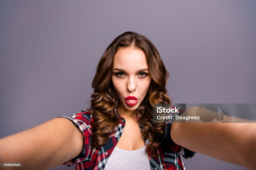 Close Up Portrait Of Amazing Beautiful She Her Lady Tongue Out Of Mouth