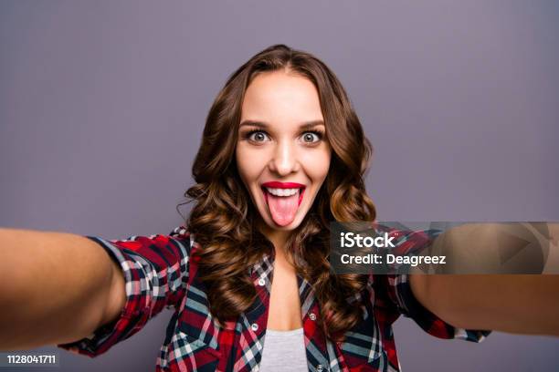 Close Up Portrait Of Amazing Beautiful She Her Lady Tongue Out Of Mouth