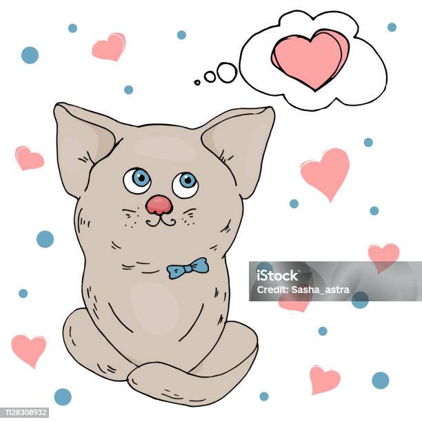 Ilustración De Lindo Gato Amoroso Romántica Tarjeta Con Corazón Para