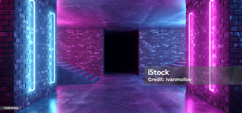 Retro Neon Futuristik Grunge Brick Beton Bersinar Ungu Pink Biru Kosong