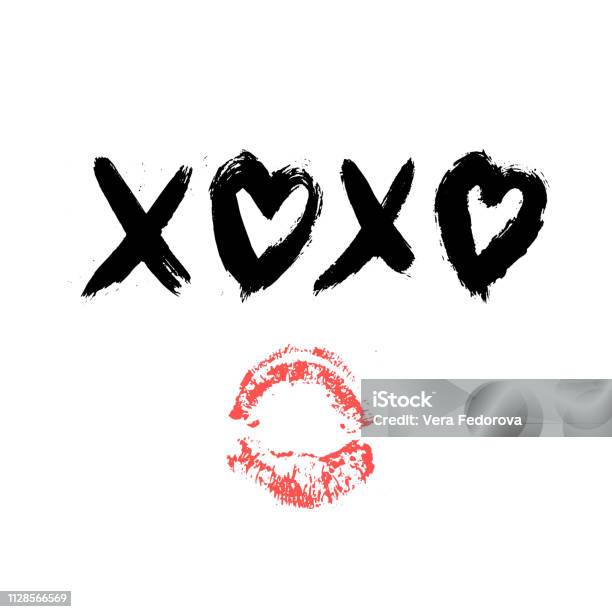 Xoxo Hand Written Phrase And Red Lipstick Kiss Isolated On White