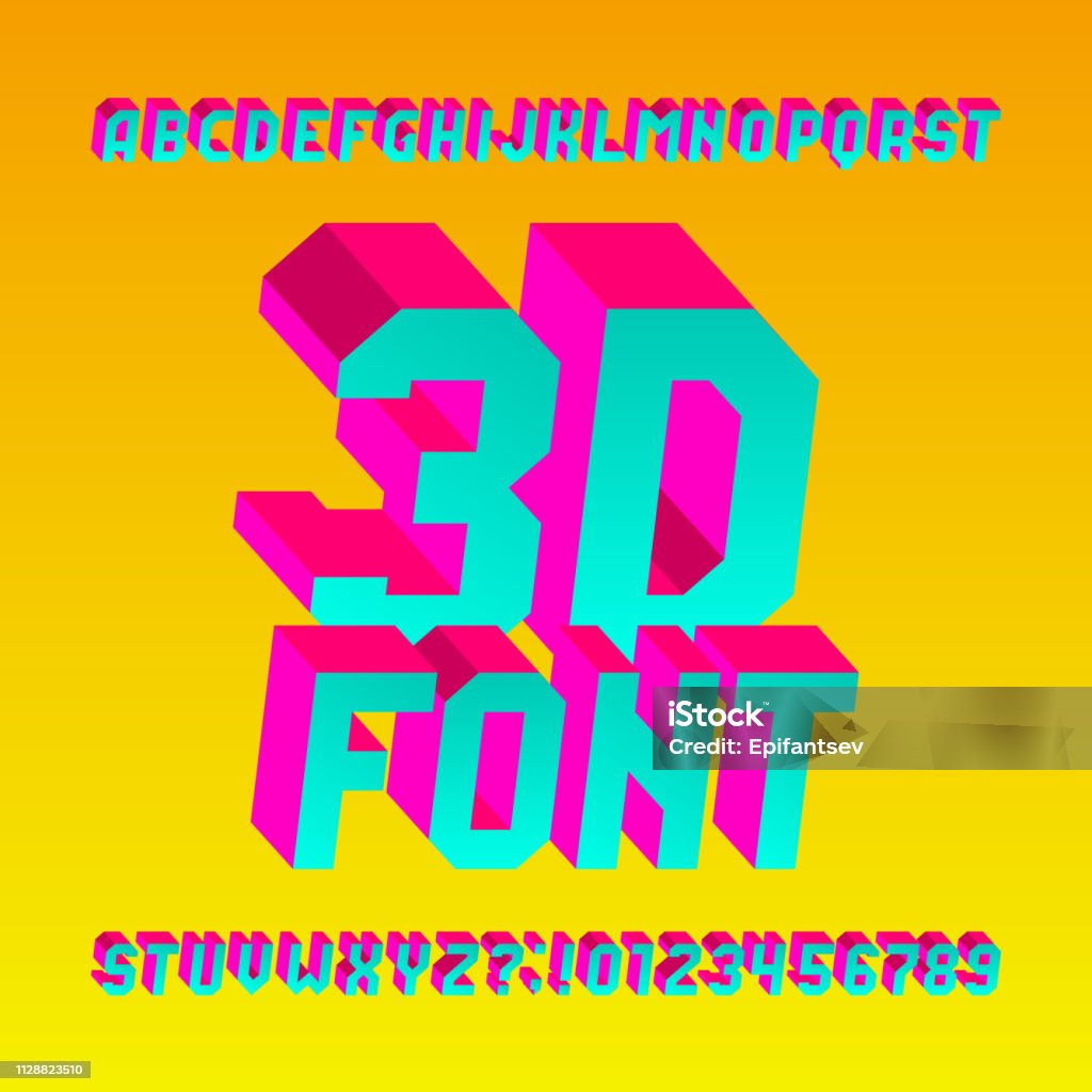Font Alfabet Isometrik 3d Efek 3d Huruf Dan Angka Yang Cerah Ilustrasi