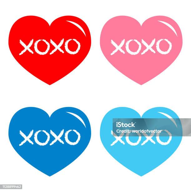 Red Blue Pink Heart Icon Set Xoxo Phrase Sketch Saying Hugs And Kisses