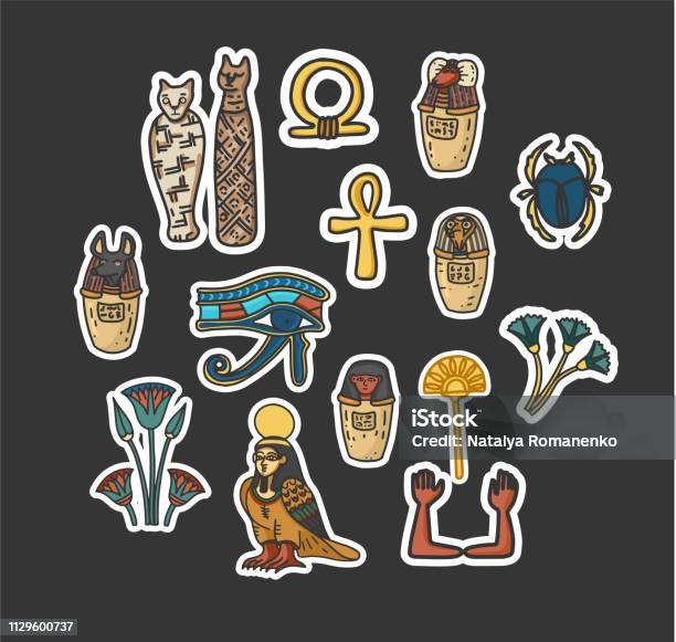 Stiker Set Simbol Suci Dan Budaya Mesir Kuno Ilustrasi Vektor