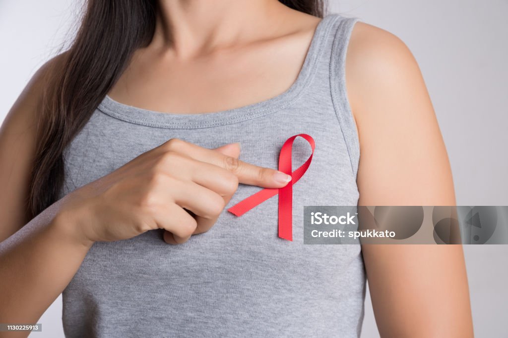 Closeup Woman Hand Holding Red Ribbon Hiv World Aids Day Awareness