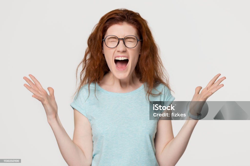 Angry Mad Redhead Hysterical Girl Yelling Shouting Isolated On ... Angry Mad Redhead Hysterical Girl Yelling Shouting Isolated On ...