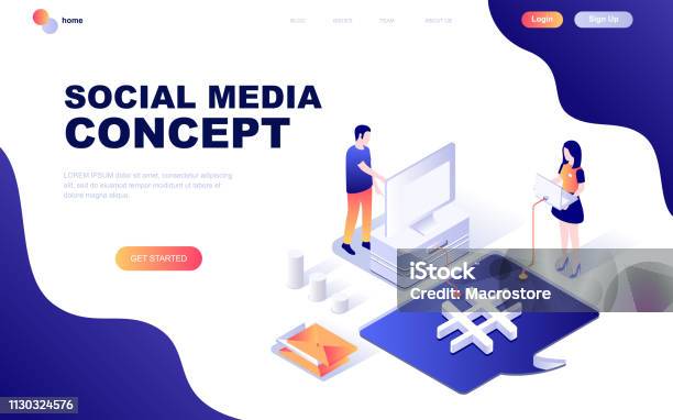 Konsep Isometrik Desain Datar Modern Dari Media Sosial Dihiasi Karakter