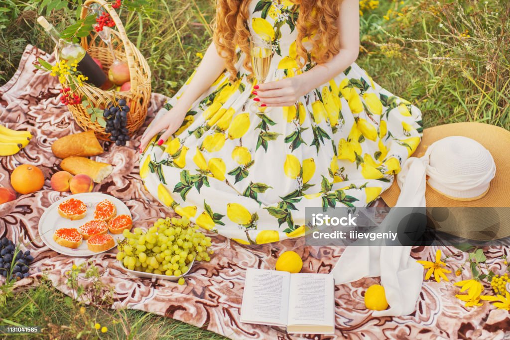 Redhead Girl In Summer Dress With Lemons With Picnic Basket For Food Summer Picnic Tasty Food