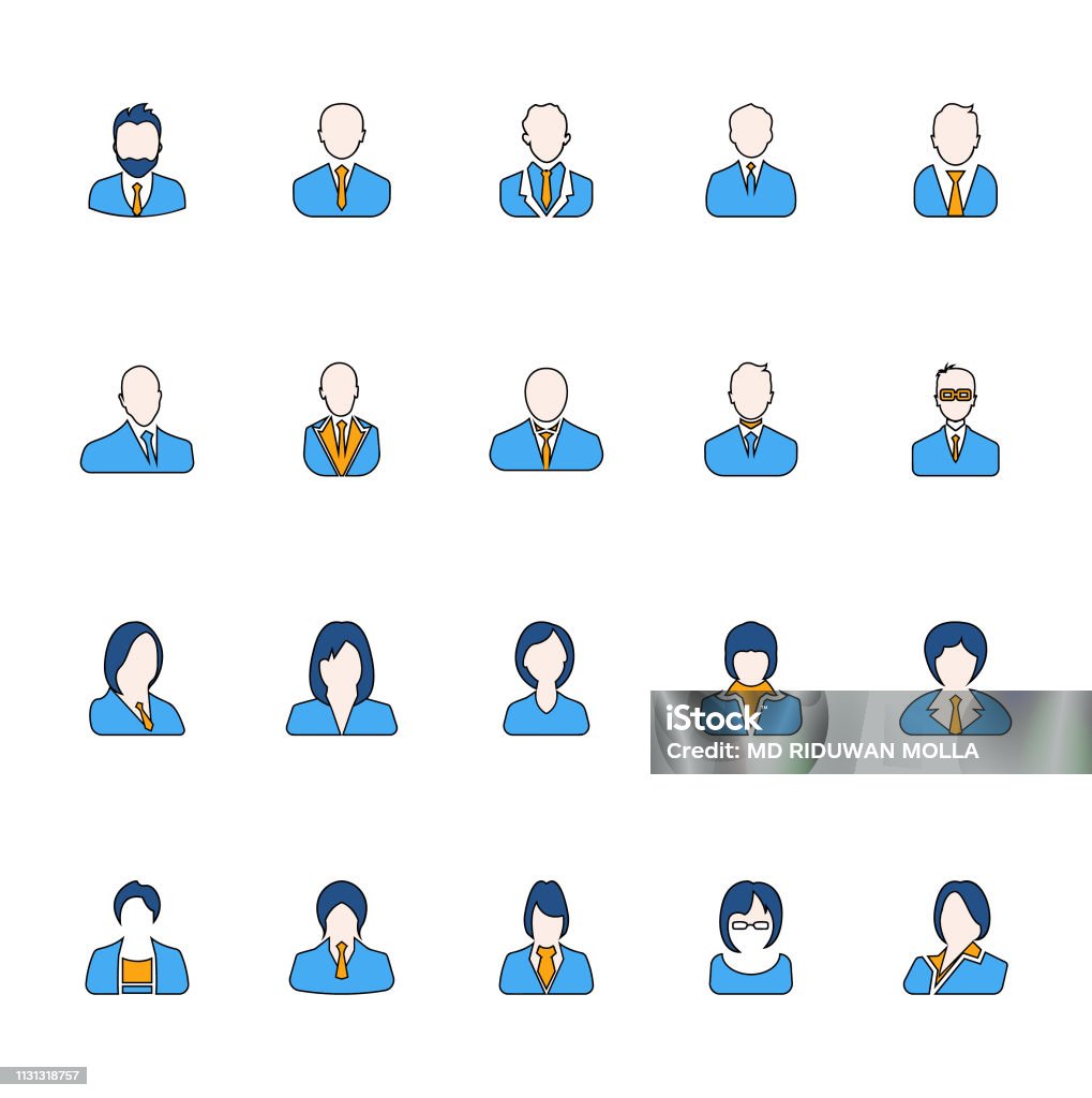 Men And Women Avatar Linear Fill Icons Set Vector Line Art Colorful