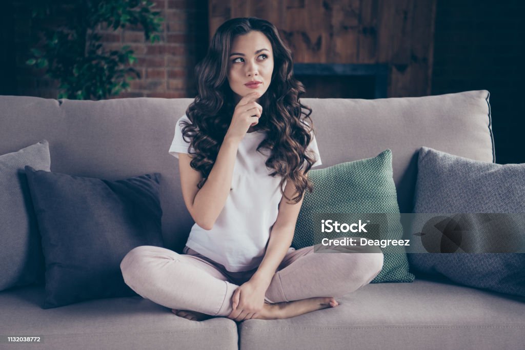 Close Up Portrait Amazing Beautiful Brunette She Her Lady Legs Couch