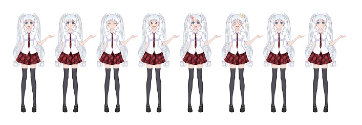 Anime Manga Schoolgirl Plaid Red Skirt Tie Pattern Stock Illustration