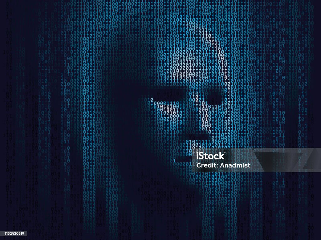 Concept Binary Hacker Robot Danger Dark Face Cyborg Binary Code Head Data Intellect Mind Virtual
