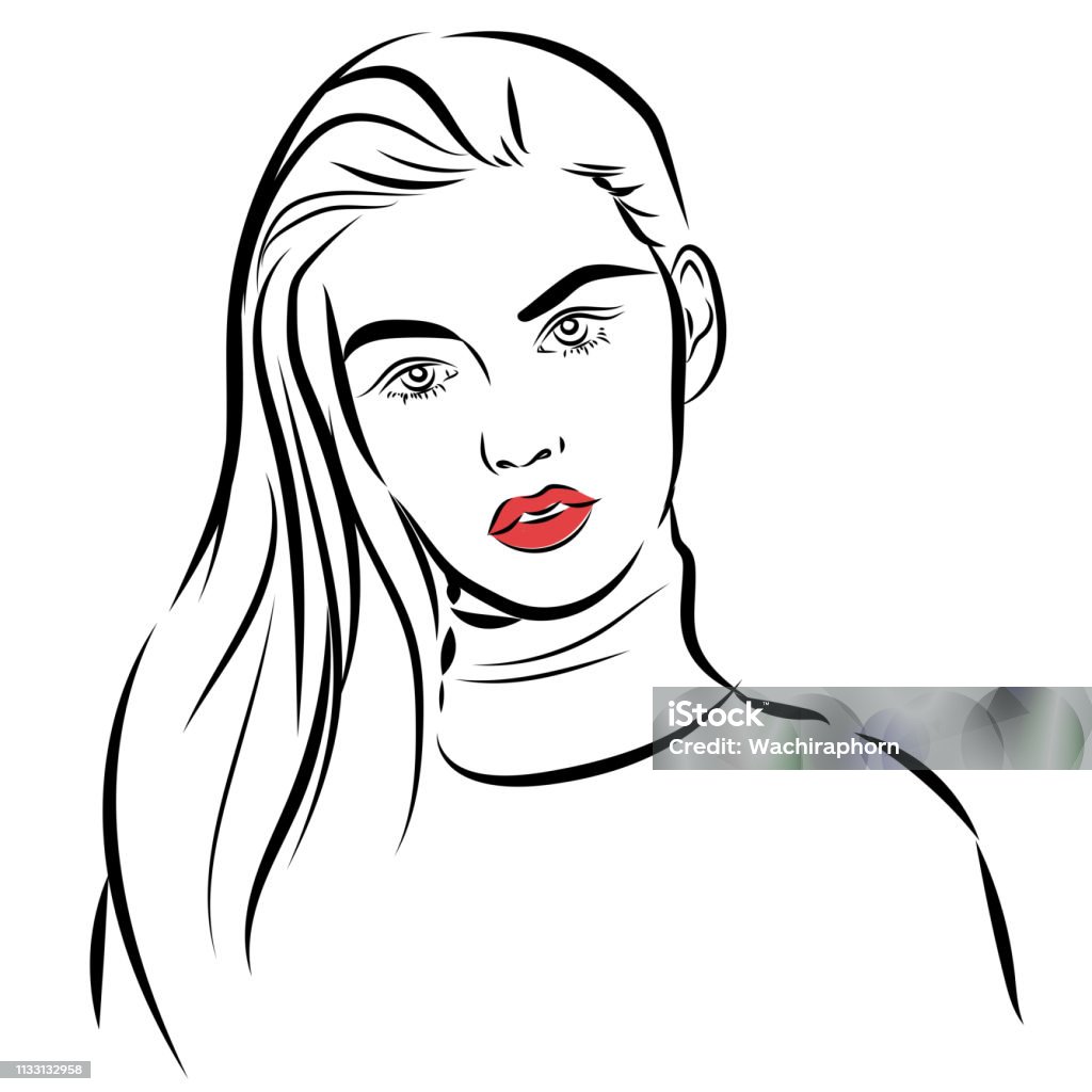 Beautiful Red Lips Woman Portrait Vector Artistic Hand Drawn Stylish