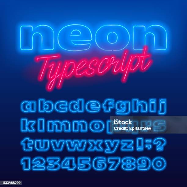 Font Alfabet Neon Lebar Biru Neon Warna Bola Lampu Huruf Kecil Dan