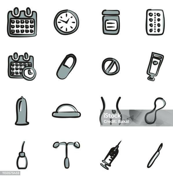 Contraception Methods Icons Freehand 2 Color Stock Illustration