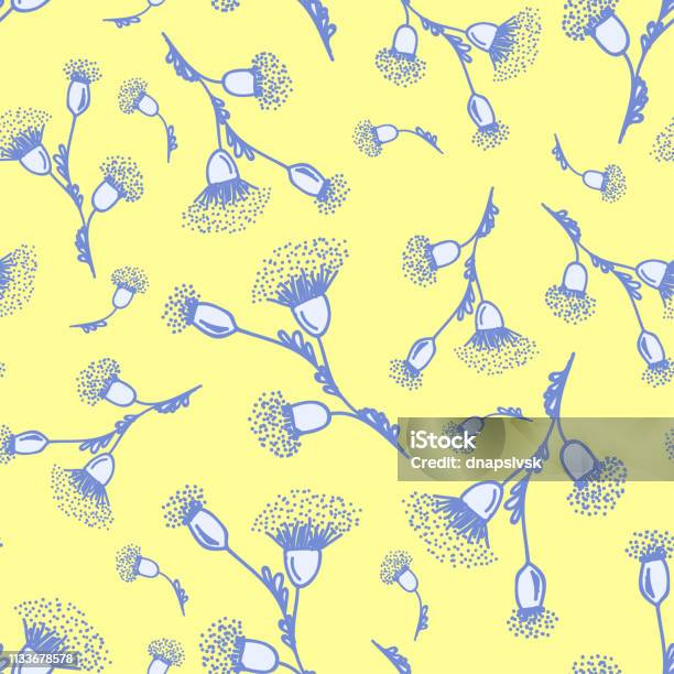 Latar Belakang Kuning Dengan Bunga Yang Digambar Dalam Warna Biru Muda