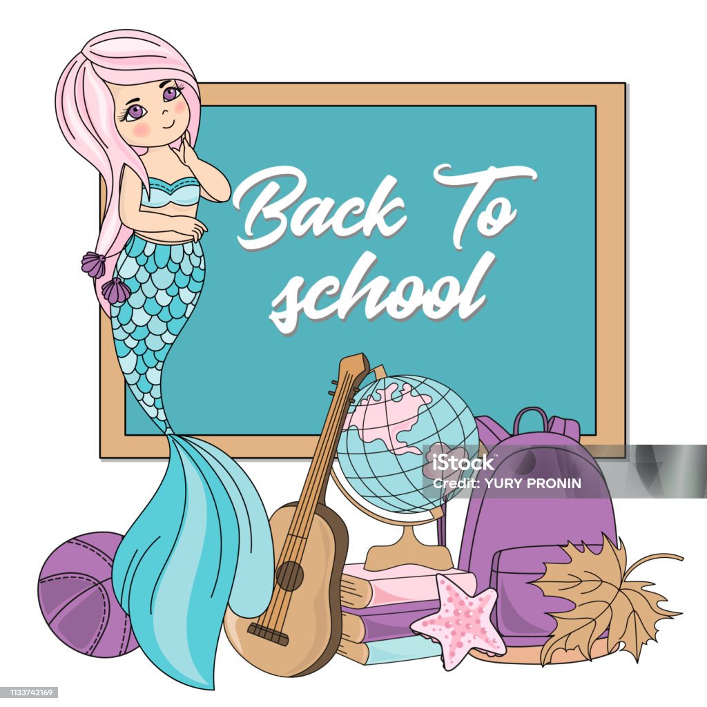 School Back Mermaid Education Cartoon Vector Illustration Set Stock