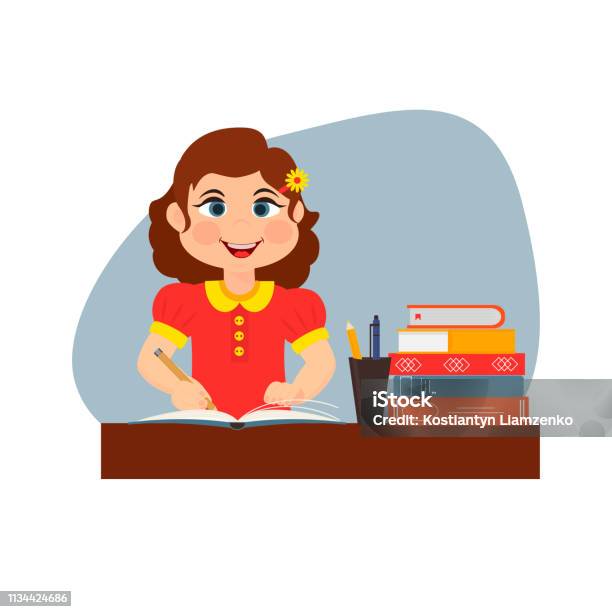 Gadis Kartun Lucu Duduk Di Meja Dengan Perlengkapan Sekolah Dan Buku