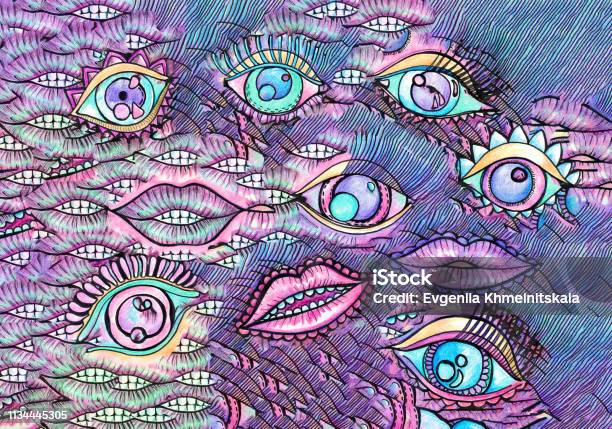 Illustration À Laquarelle Dans Le Style Des Lèvres De Surréalisme Yeux