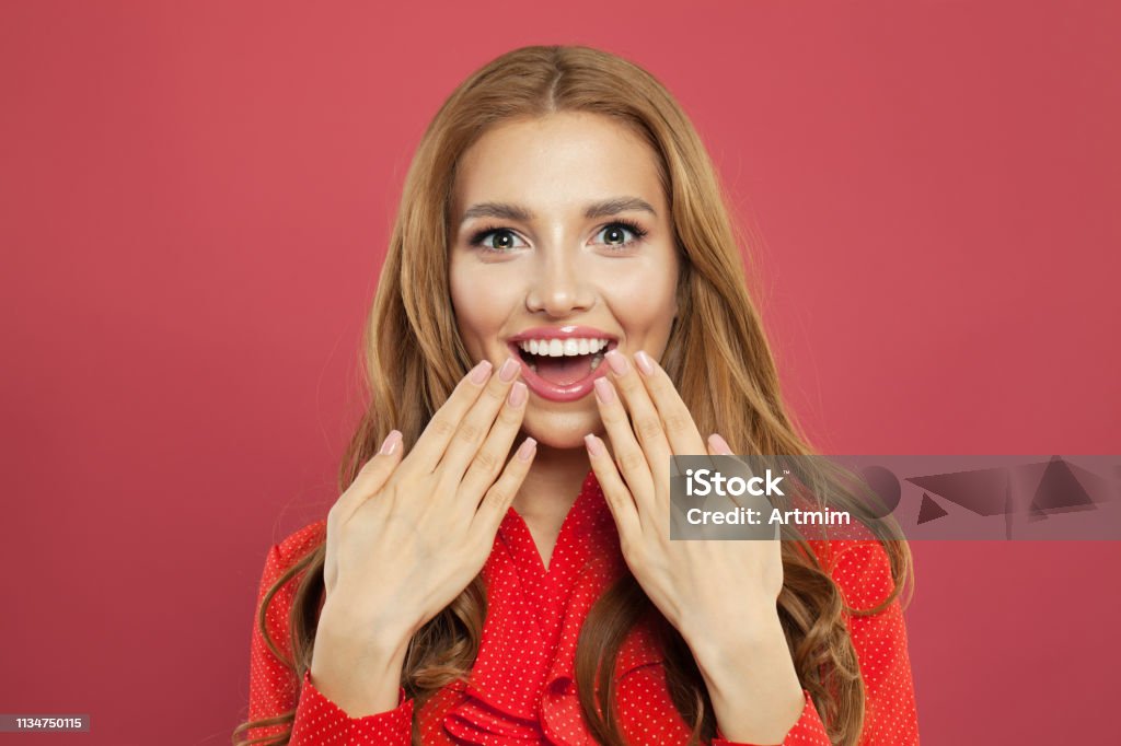 Young Happy Surprised Woman With Opened Mouth Cheerful Girl On Bright